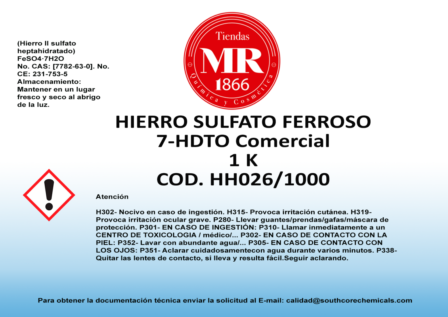 HIERRO SULFATO FERROSO 7-HDTO COMERCIAL 1 K – Tiendas MR 1866