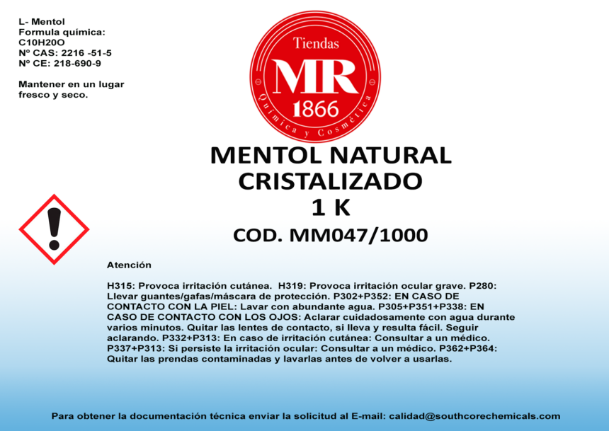 MENTOL NATURAL CRISTALIZADO 1 K – Tiendas MR 1866