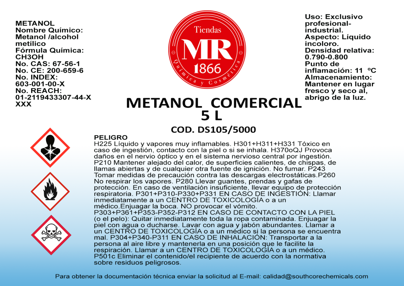 METANOL COMERCIAL 5 L – Tiendas MR 1866