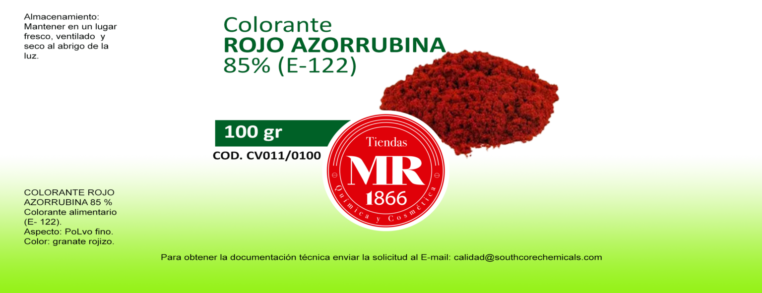 COLORANTE ROJO AZORRUBINA 85% (E-122) 100 gr – Tiendas MR 1866