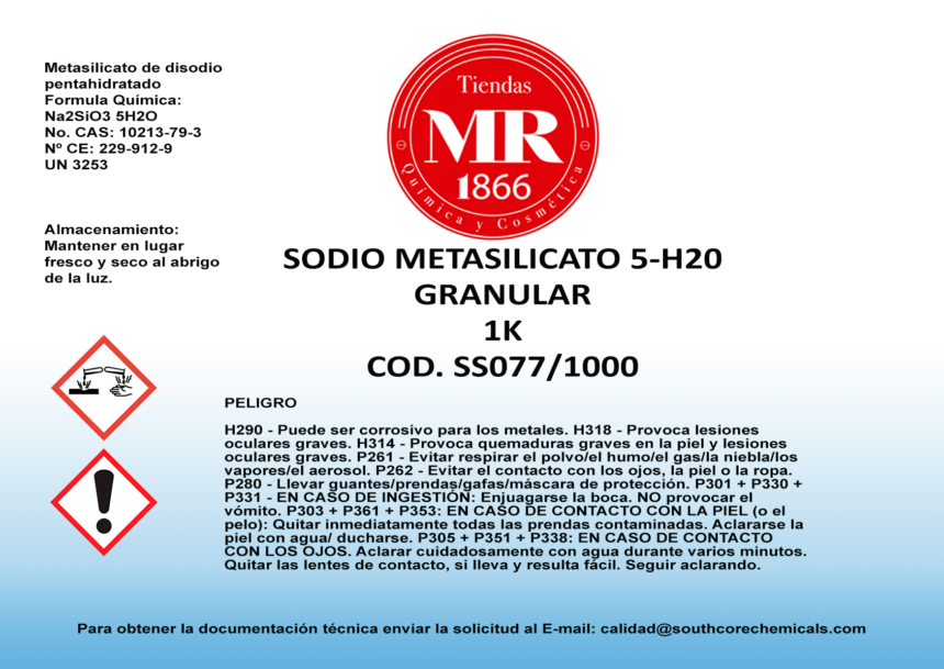 SODIO METASILICATO 5-H20 GRANULAR 1 K – Tiendas MR 1866