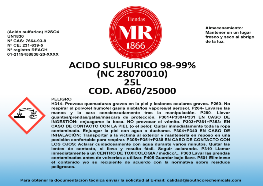 ACIDO SULFURICO 98-99% (NC 28070010) 25 L – Tiendas MR 1866
