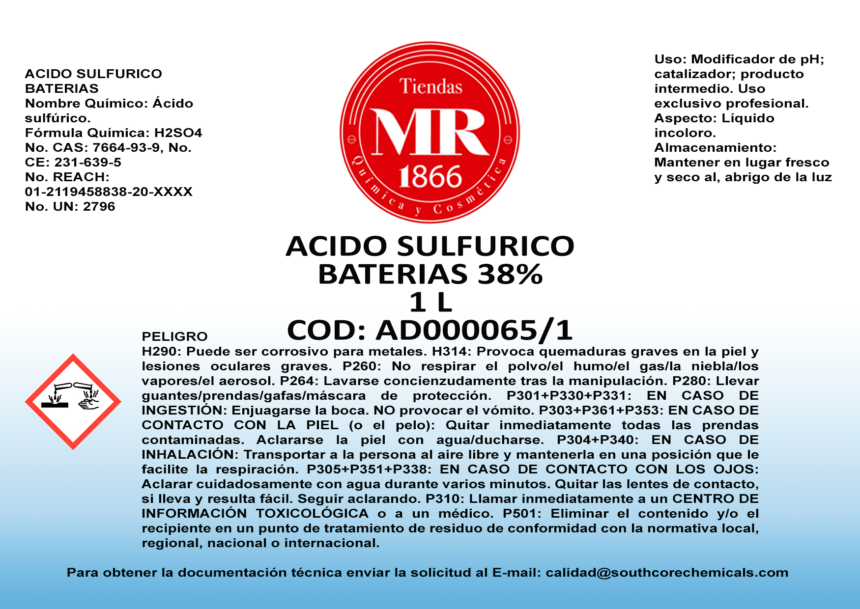ACIDO SULFURICO BATERIAS 38% 1 L (NC 28070010) – Tiendas MR 1866