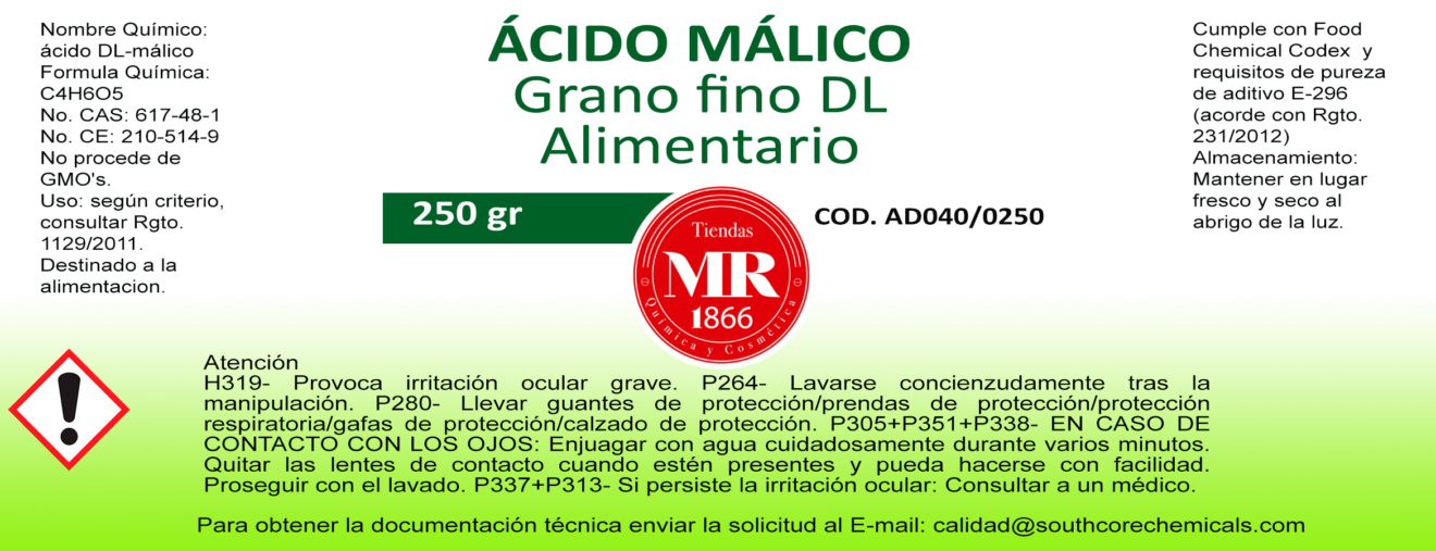 ÁCIDO MALICO GRANO FINO DL ALIM. 250 gr – Tiendas MR 1866